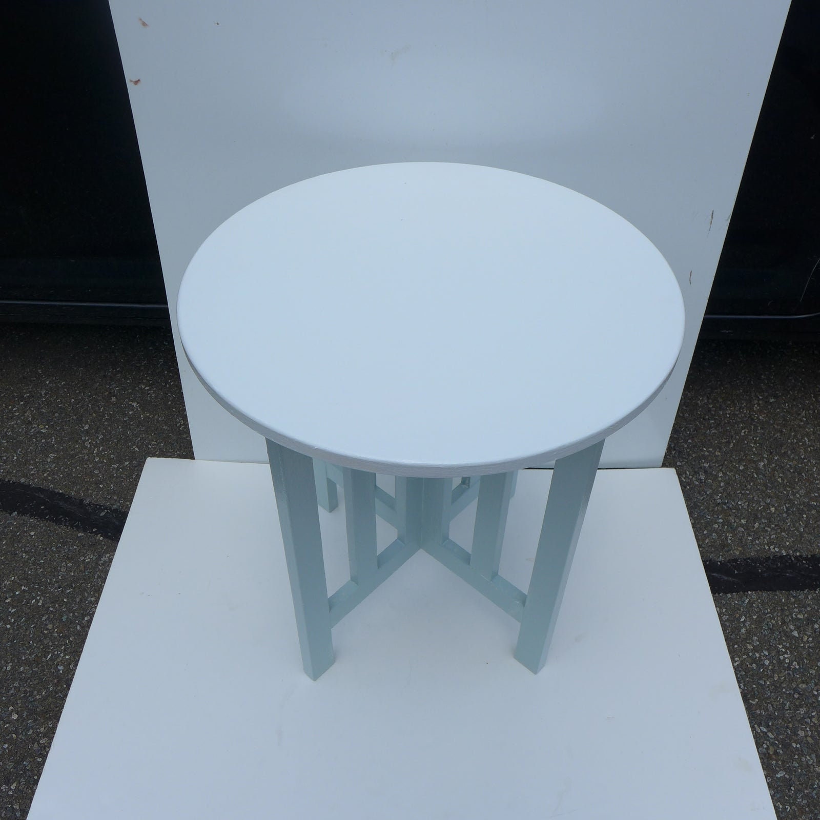 Vintage Coastal Living, Round Oak Lamp Table Painted in White & Sea ...