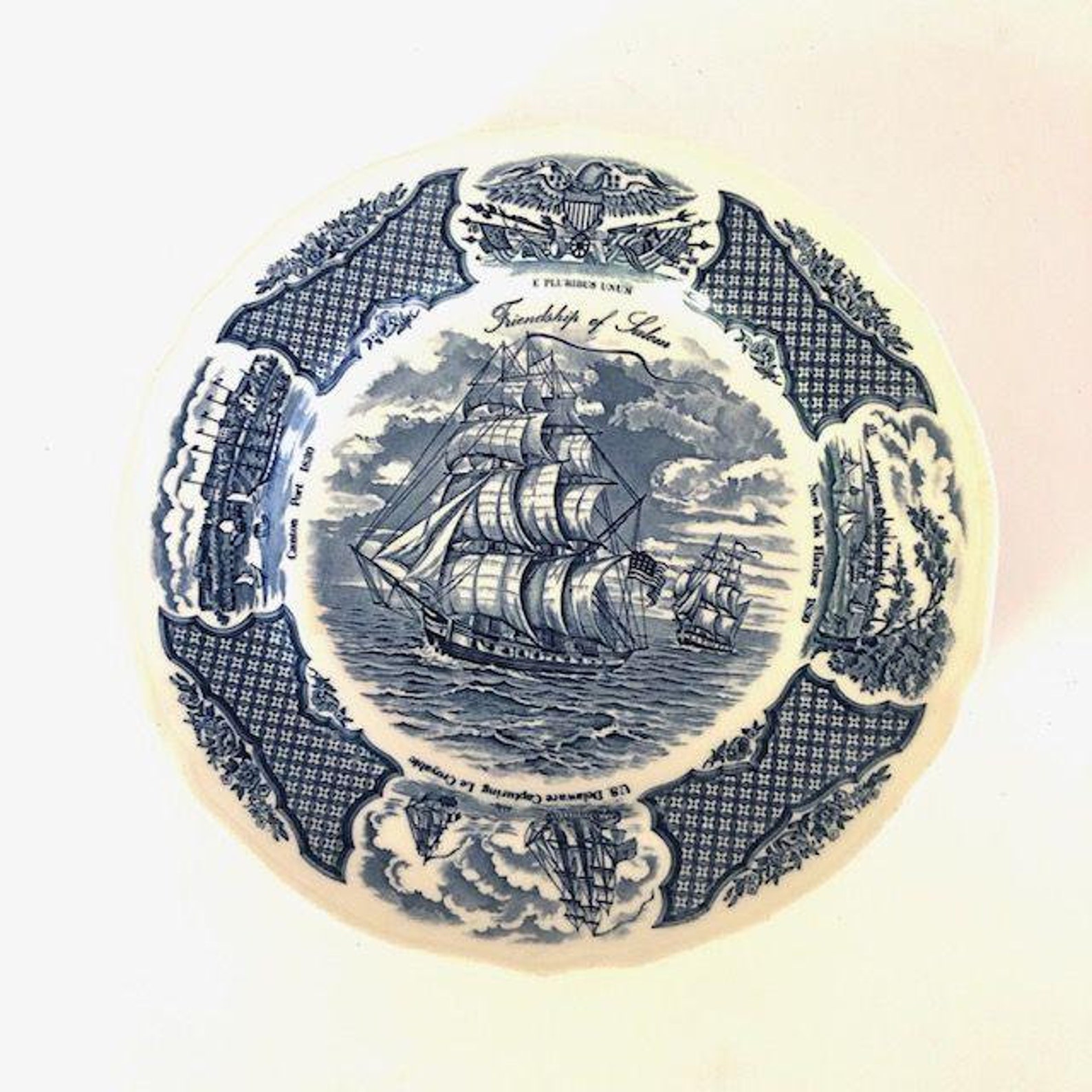 Vintage Staffordshire Fair Winds Ship Blue & White Dinner Plates- Set ...