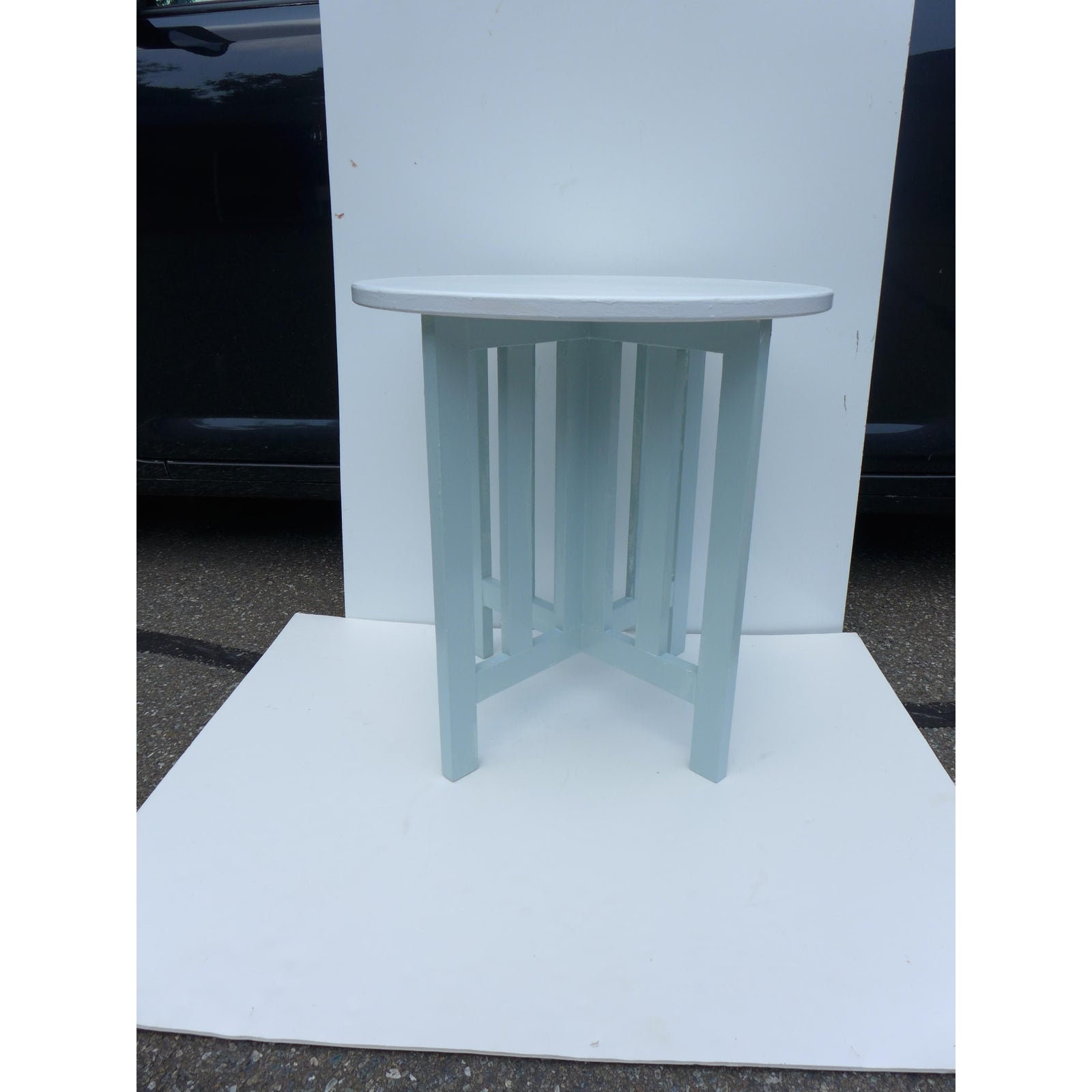 Vintage Coastal Living, Round Oak Lamp Table Painted in White & Sea ...