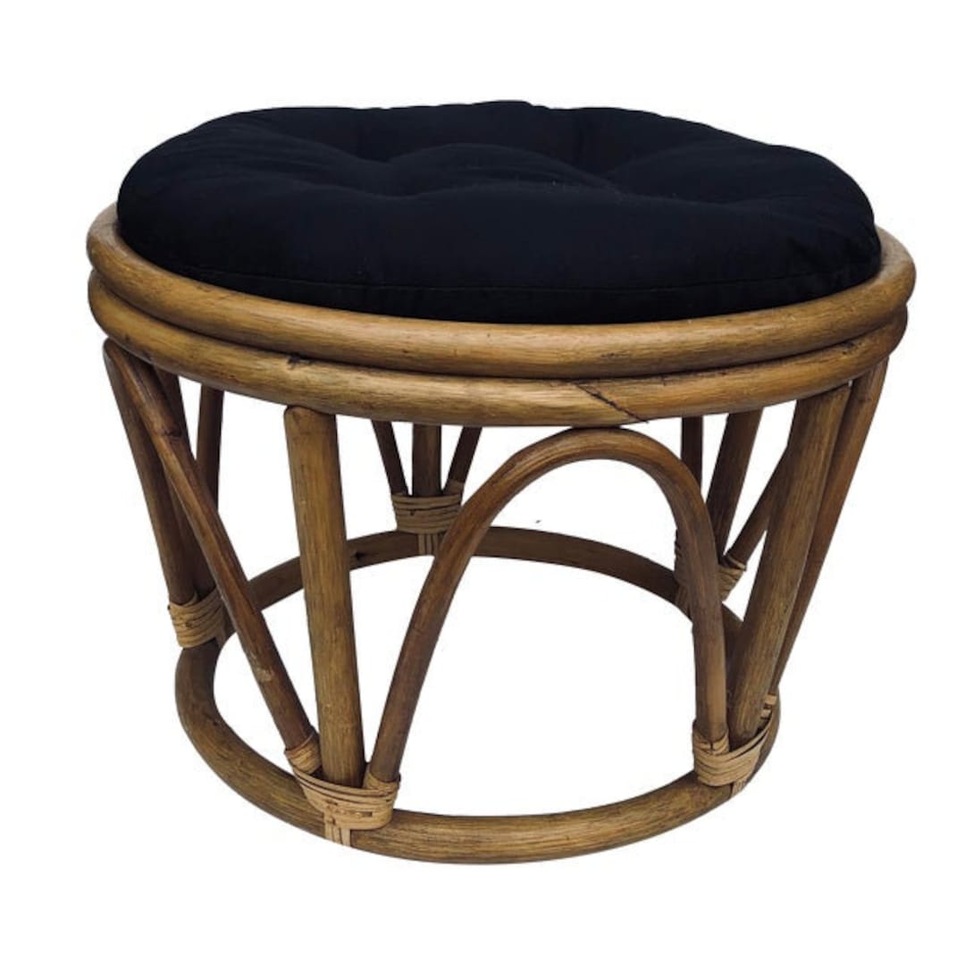 Vintage Round Rattan Foot Stool With Black Cushion, FREE DOMESTIC ...