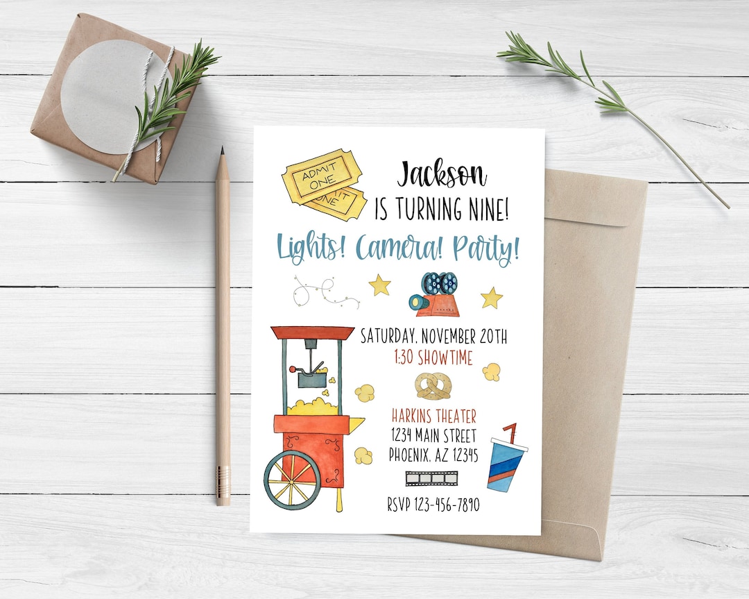 Kids Movie Theater Birthday Invitation, Backyard Movie Invite, Lights ...