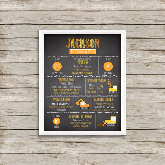 Construction Birthday Party Stats Poster Digital Chalkboard | Etsy