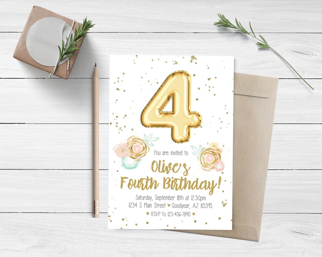 Gold Balloon Birthday Invitation, Girls Birthday Invitation, Gold ...