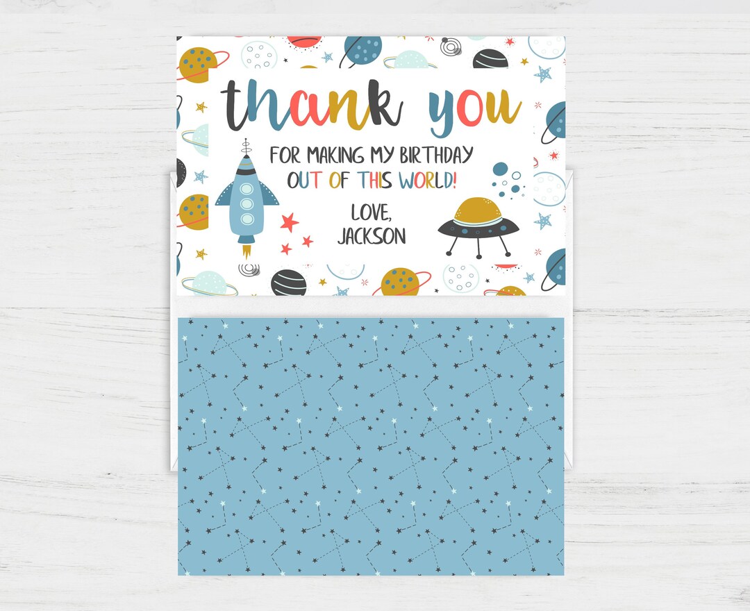 Space Birthday Thank You Card, Outer Space Thank You Card, Rocket Ship ...