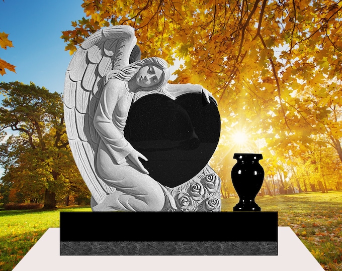 Economonument™ Sculpted Angel Headstone, Cemetery Monument. Black ...