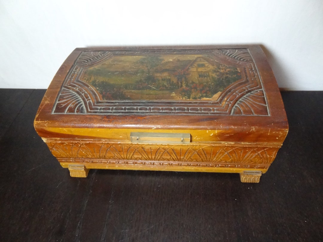 Vintage Distressed Carved Wood Storage Box With Decoupage Image of Old ...