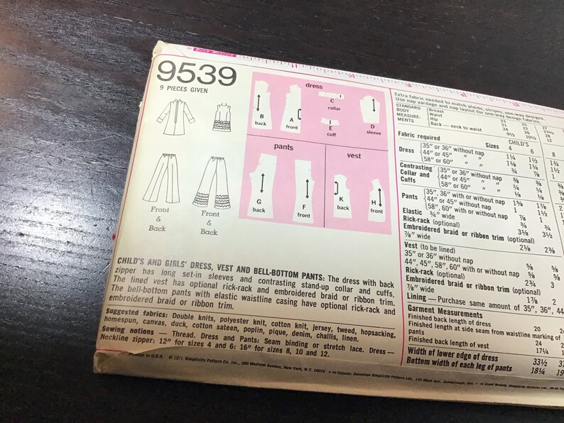 Vintage Simplicity 9539 Sewing Pattern Child’s and Girls’ Dress, Vest ...