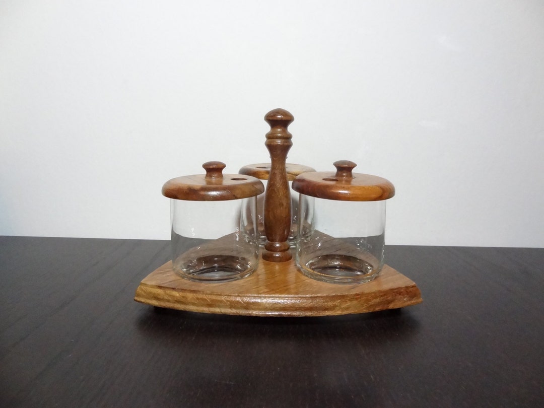 Vintage Wooden and Glass Condiment Caddy/serving Set - Etsy