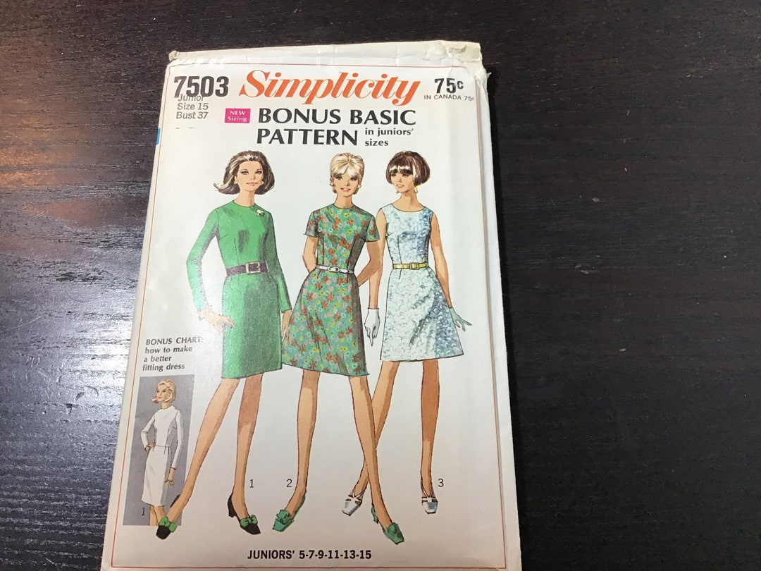 Vintage Simplicity 7503 Sewing Pattern Juniors Bonus Basic Dresses With ...