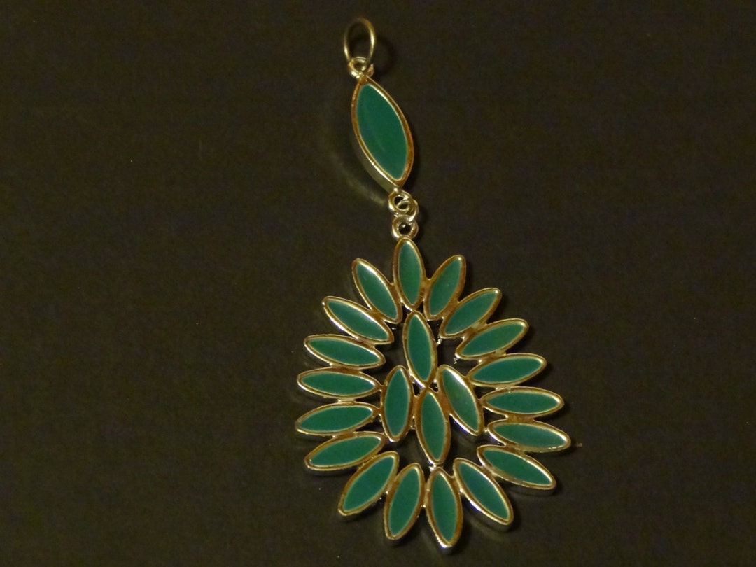 Vintage Large Turquoise Enamel Flower Pendant in Silver Tone Metal - Etsy