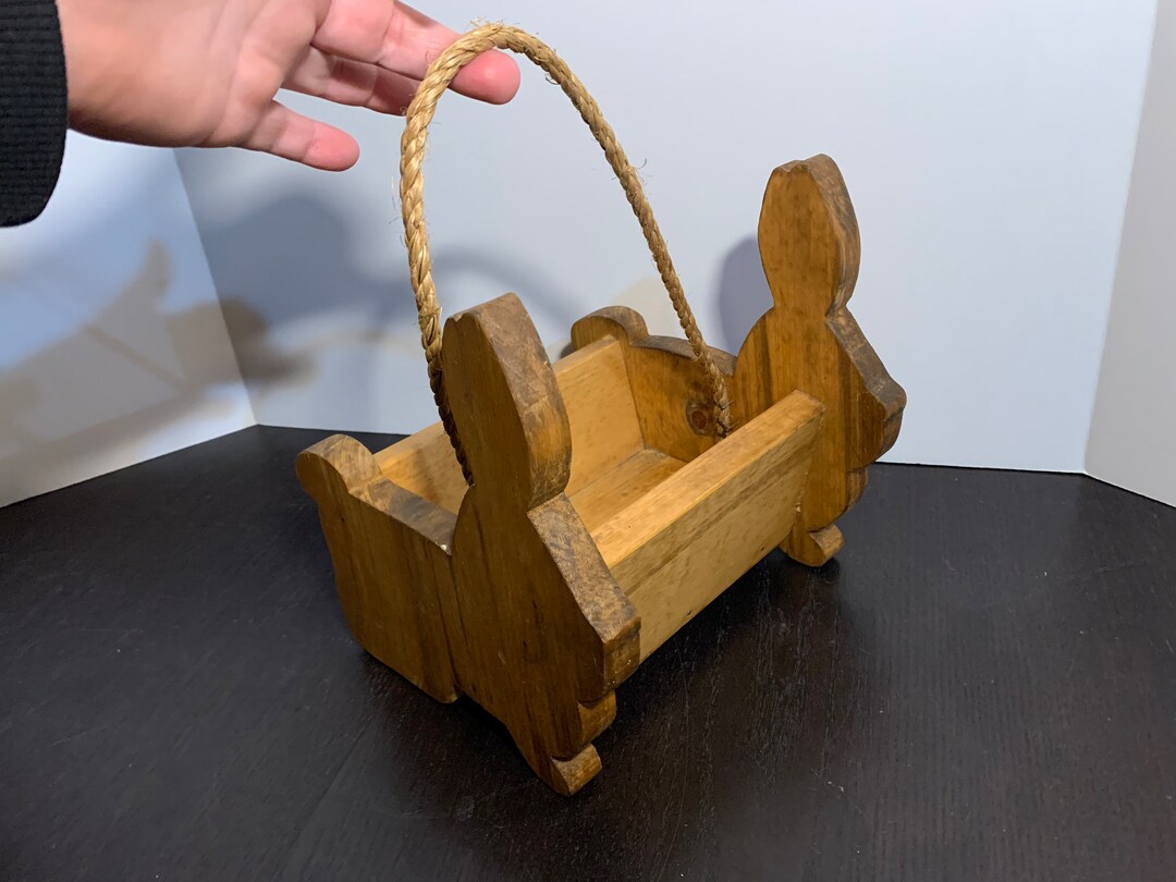 Vintage Wooden Bunny Rabbit Shaped Easter Basket With Rope Handle ...