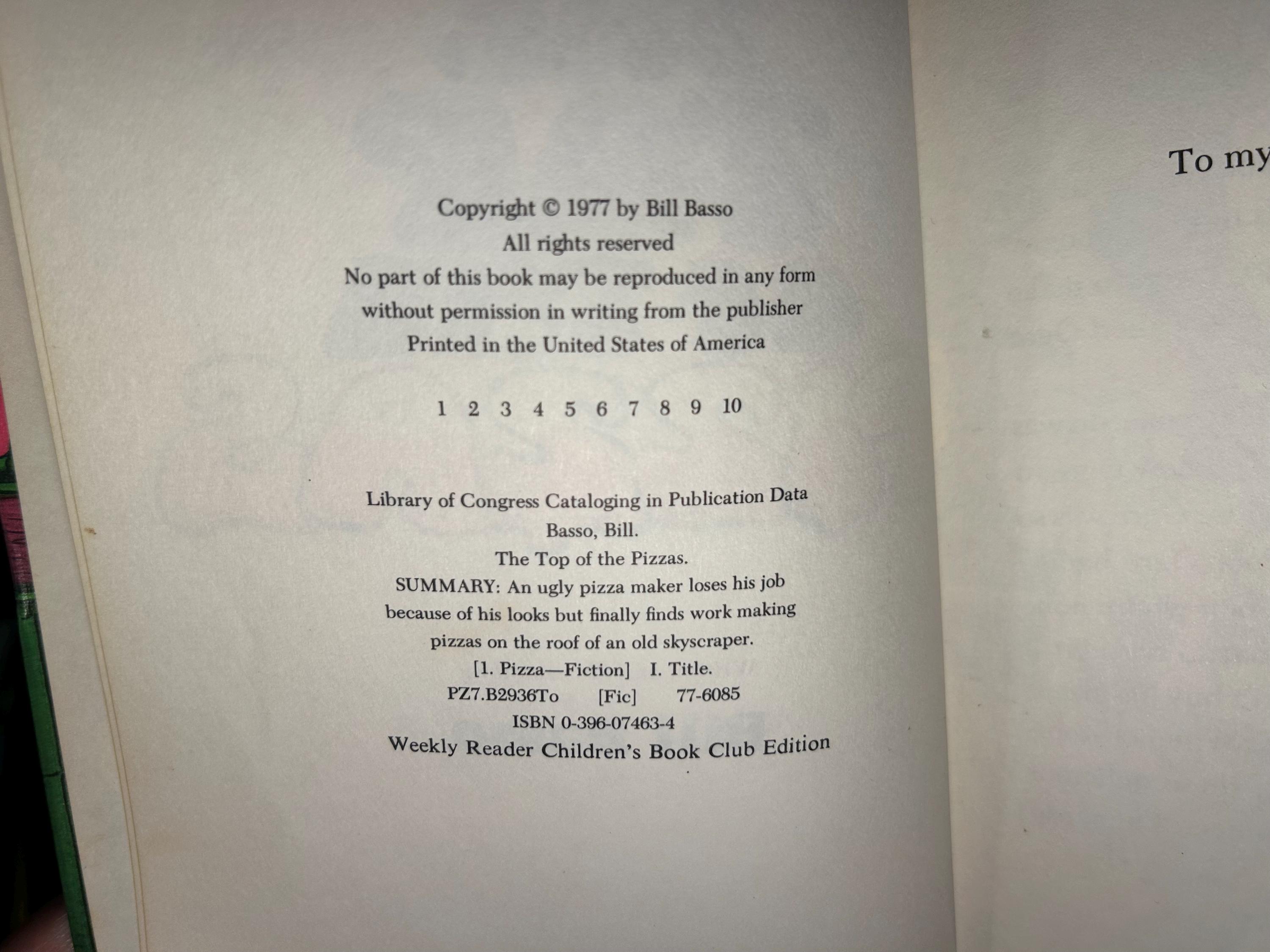The Top of the Pizzas by Bill Basso, Copyright 1977 - Weekly Reader ...