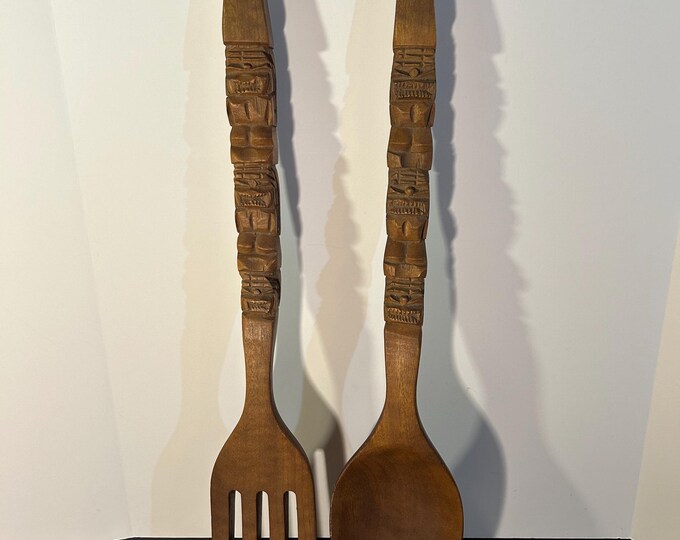 Oversized Carved Wood Totem Fork and Spoon Kitchen Wall Decor - Mid ...