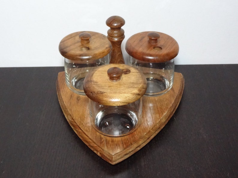 Vintage Wooden and Glass Condiment Caddy/serving Set | Etsy