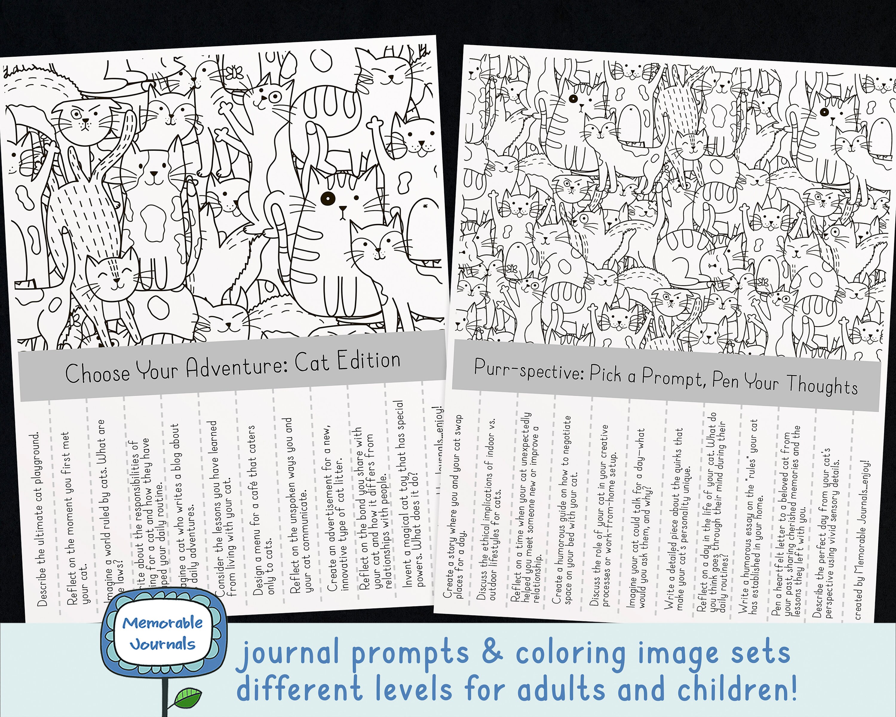 Coloring Cats and Journal Prompts Set Printable. Different Skill Levels ...