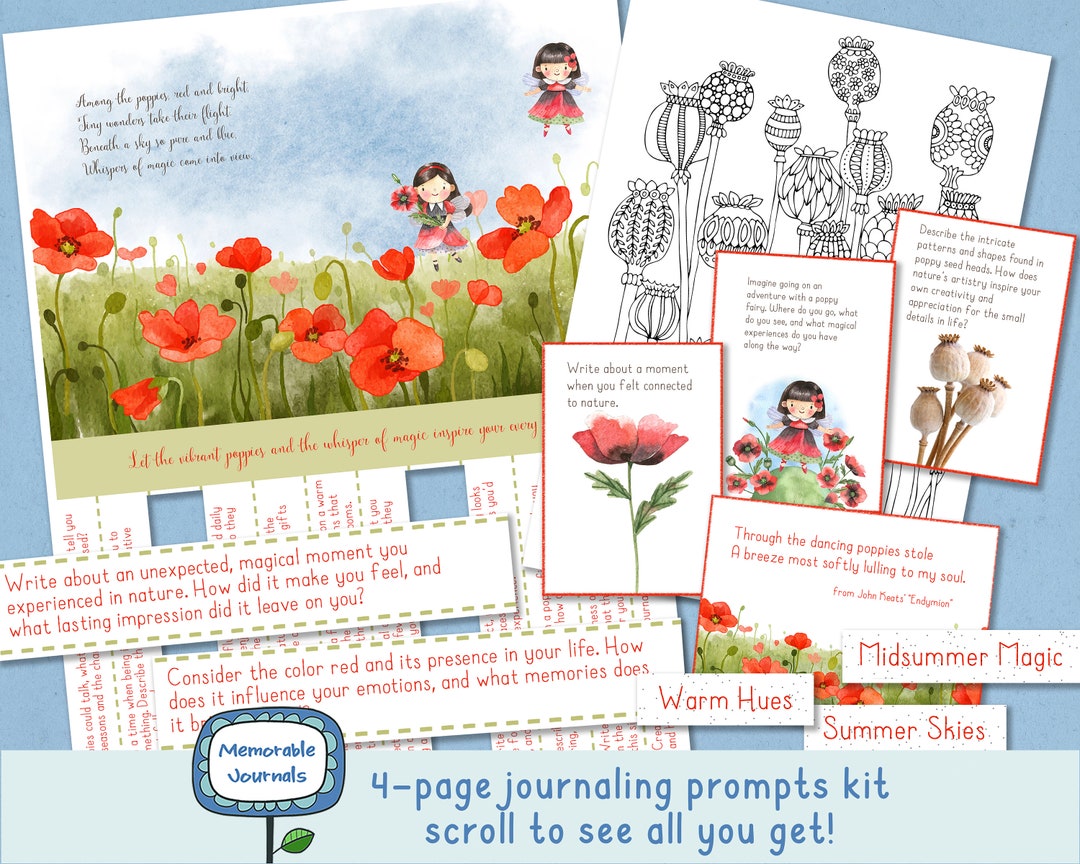 Poppies Journal Prompts, Printable Words and Cards Kit for Summer ...