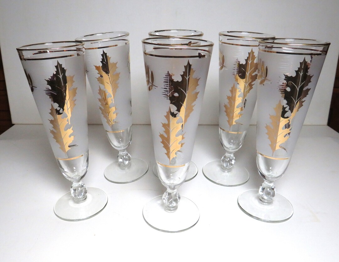 6 Mid Century Libbey Large Pilsner Champagne Glasses Gold Leaf Frosted ...
