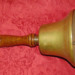 Vintage LARGE 10 Inch School Bell Solid Heavy Brass Hanging Wood Handle ...