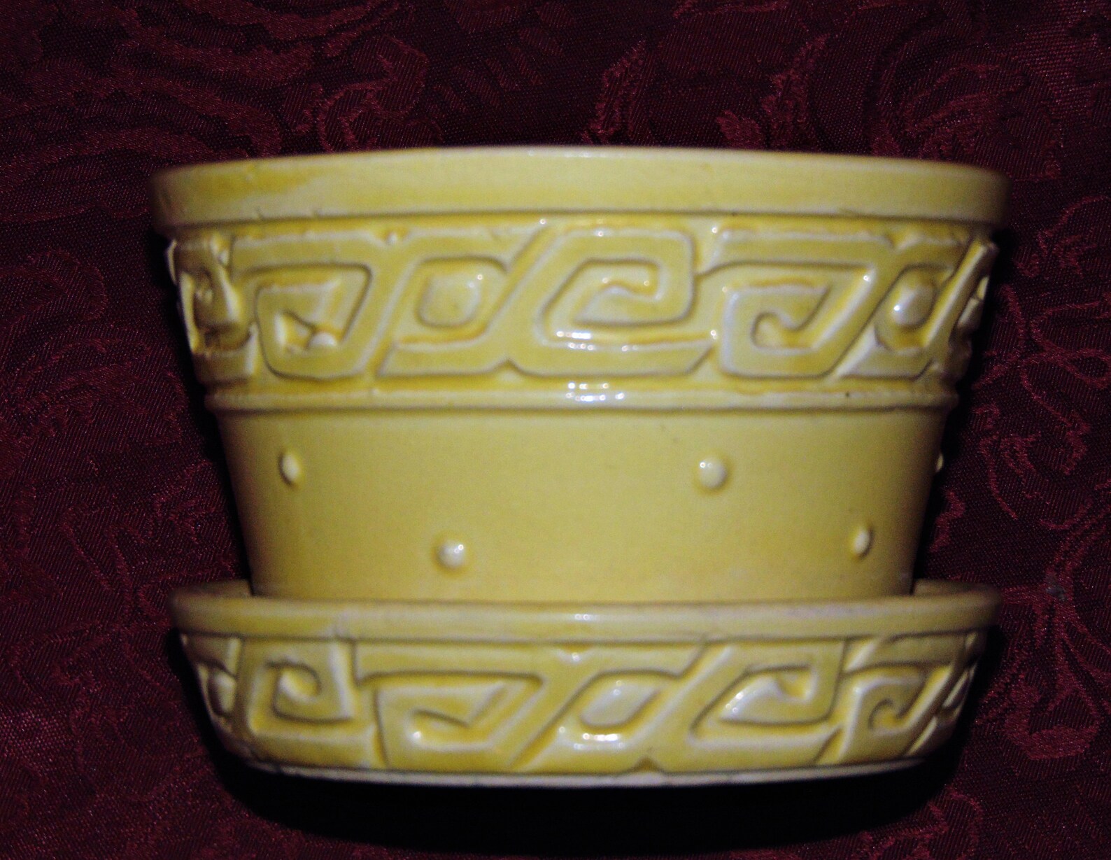Mccoy Pottery Bright Yellow Greek Key & Dot Planter Pot With Attached ...