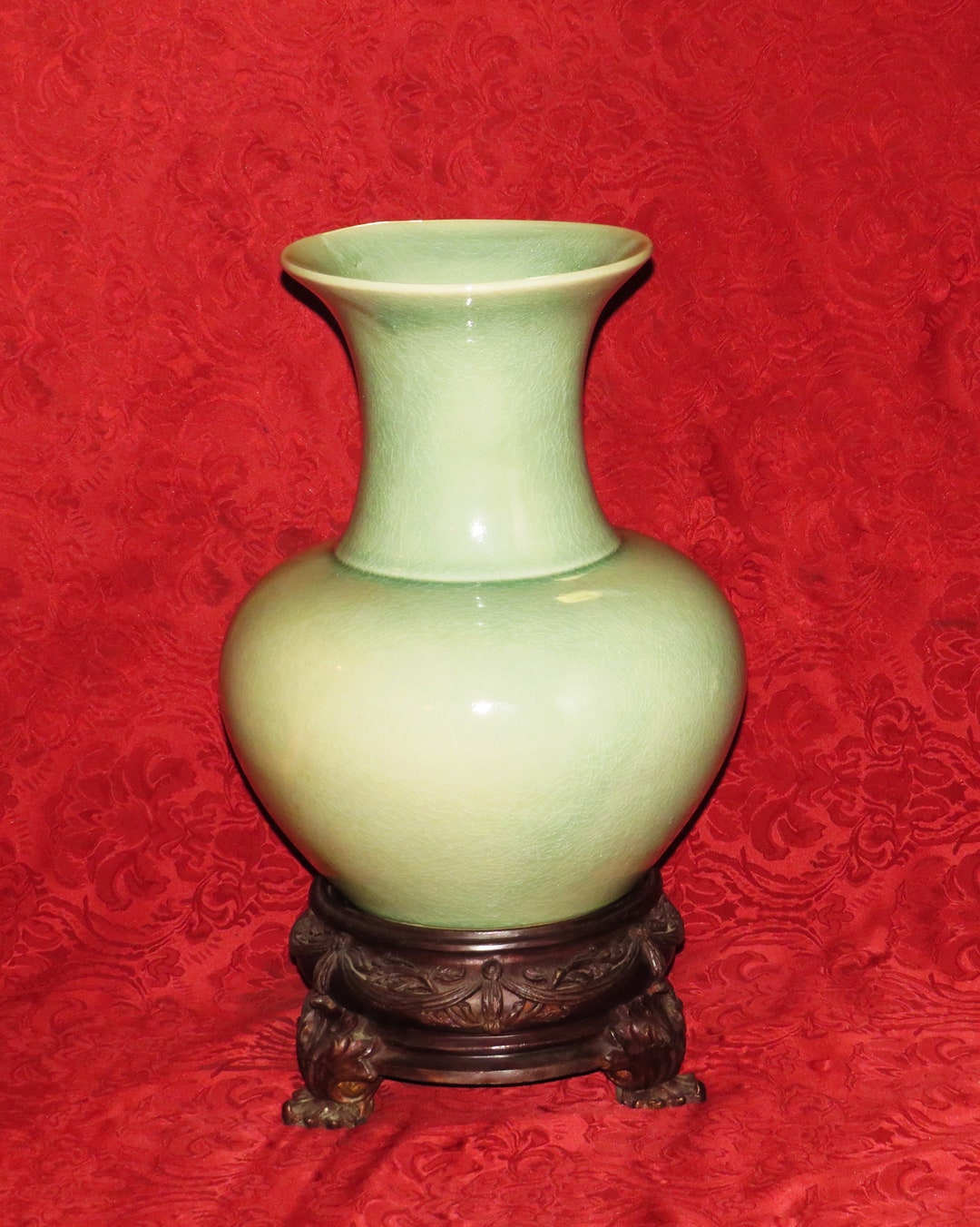 18" MAITLAND SMITH Celadon Vase Crackle Glaze on Ornate Bronze Base - Etsy
