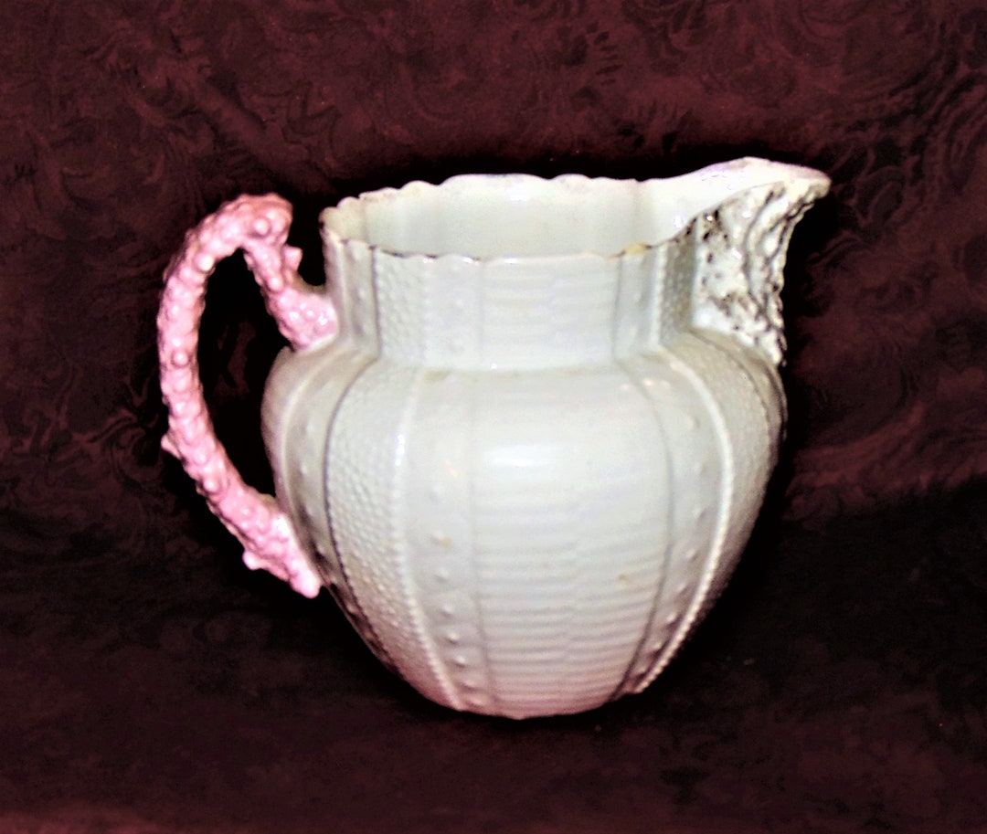 Large Belleek Echinus Pattern Pitcher Pink Coral Handle Gold Trim Late ...
