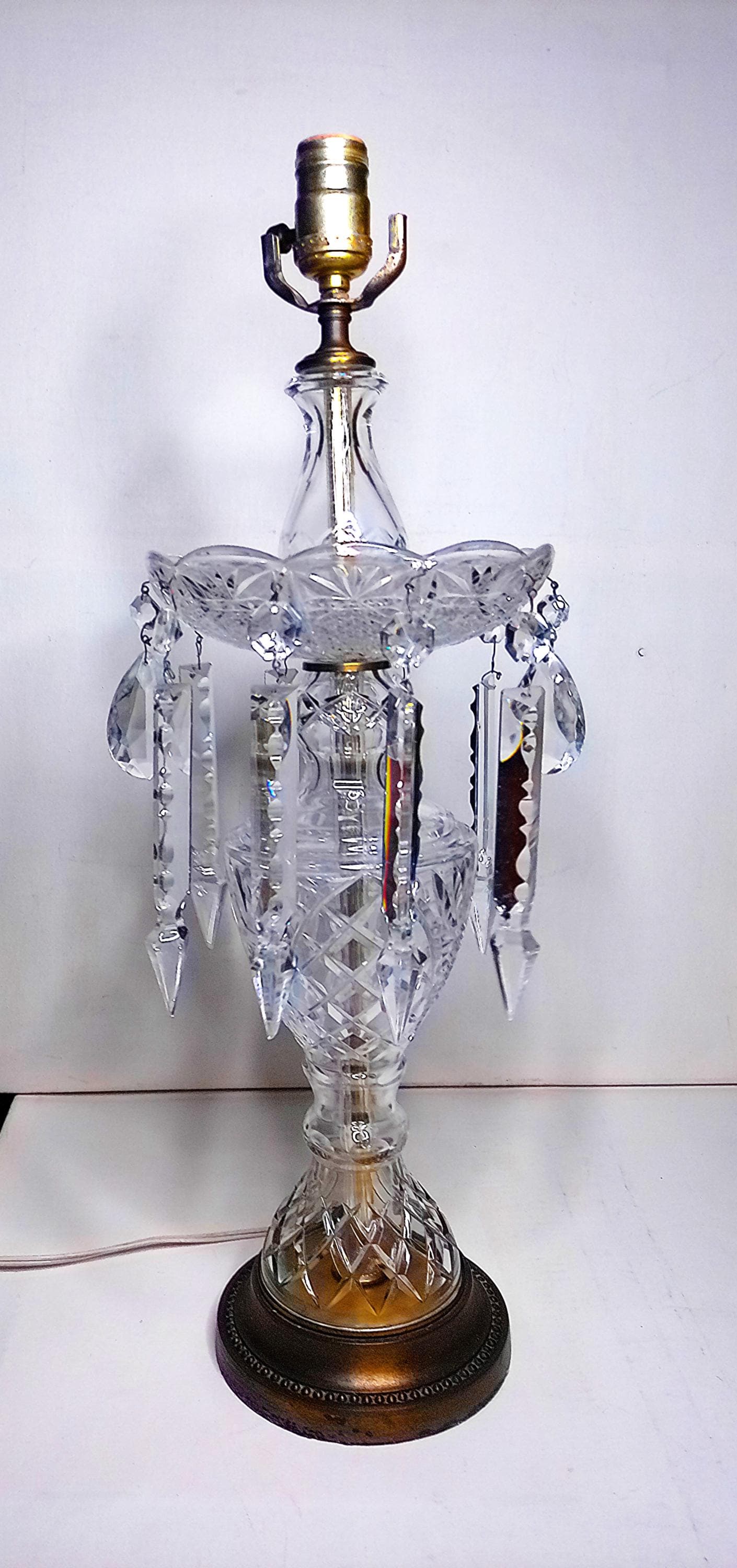 Vintage Crystal Table Lamp With Prisms Cut Glass Antique Crystal Table
