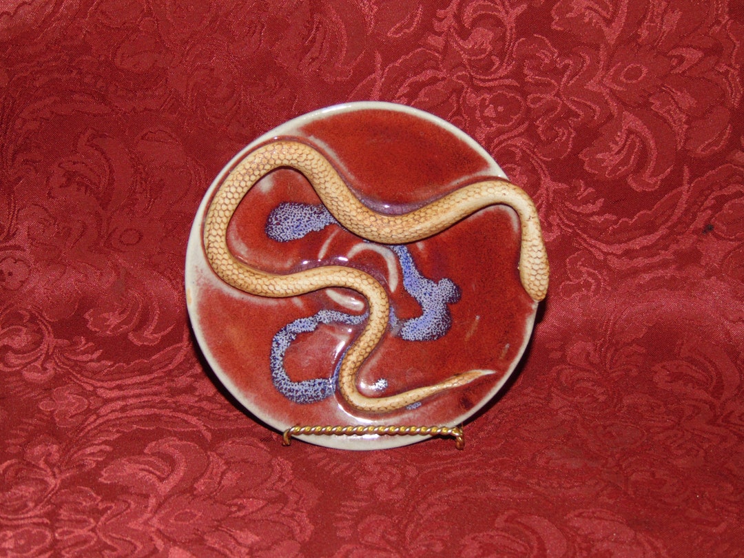 Unique Enameled Snake Plate Low Bowl Hand Painted Heavy Pottery Clay ...
