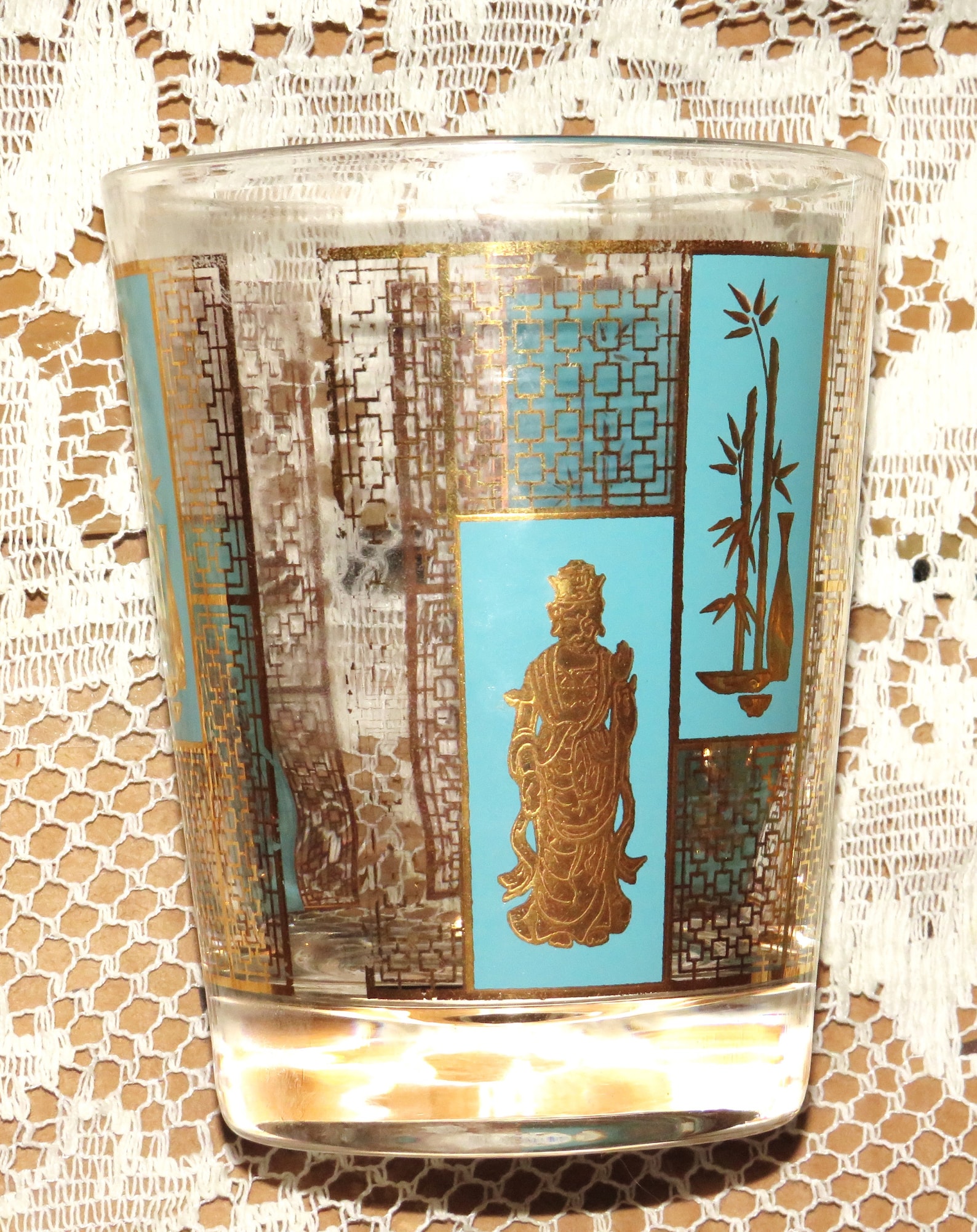 8 Mid Century Turquoise and Gold Asian Themed Glasses 4 - Etsy