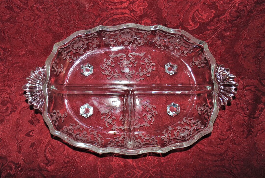 Vintage FOSTORIA 3 Part Divided Relish Dish Etched in the Navarre ...