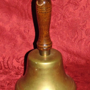 Vintage LARGE 10 Inch School Bell Solid Heavy Brass Hanging Wood Handle ...