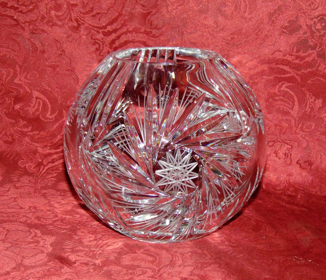 Large Hand Cut Glass Rose Bowl With Pin Wheels and Hob Stars Heavy ...