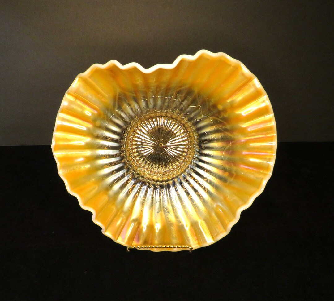 Gorgeous Antique Dugan Glass Bowl Biomorphic Ruffled Peach Opalescent ...