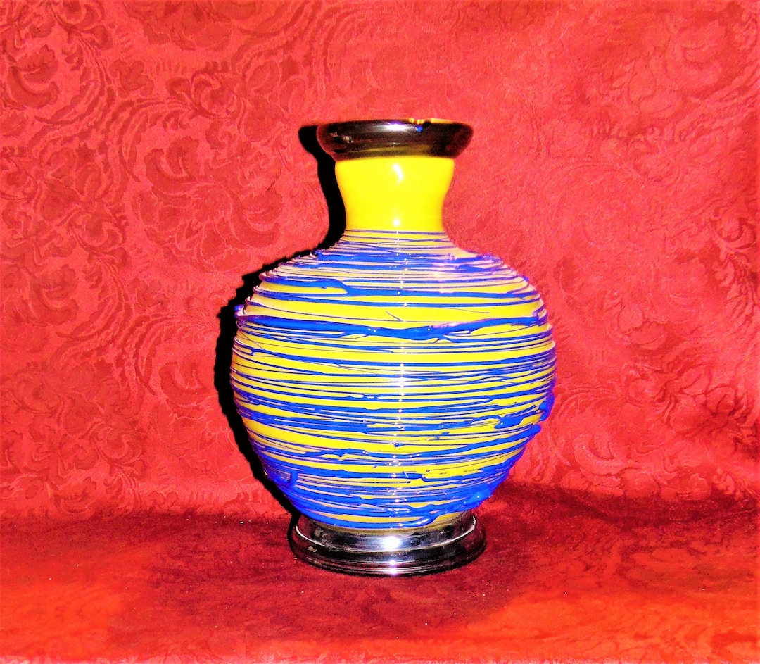 Striking 10" Large Signed Art Glass Hand Blown Vase Yellow With Applied ...