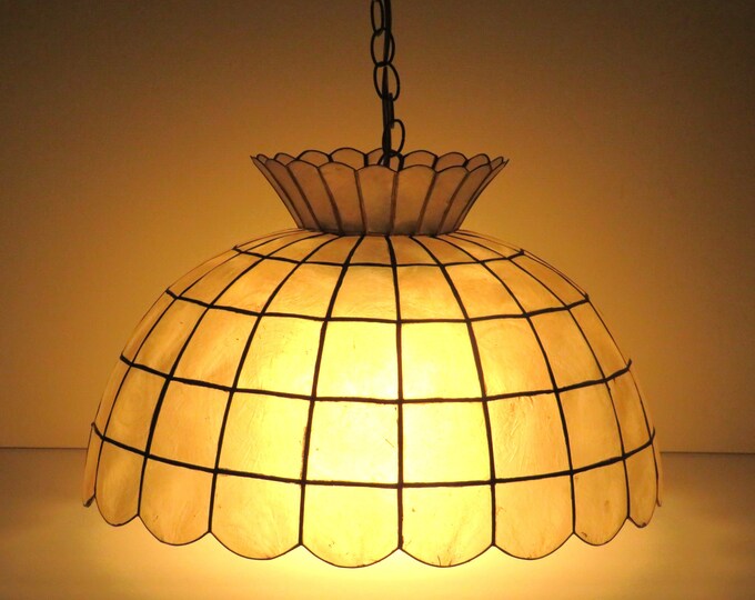 LARGE Mid Century Modern Capiz Shell & Brass Swag Hanging Light With ...