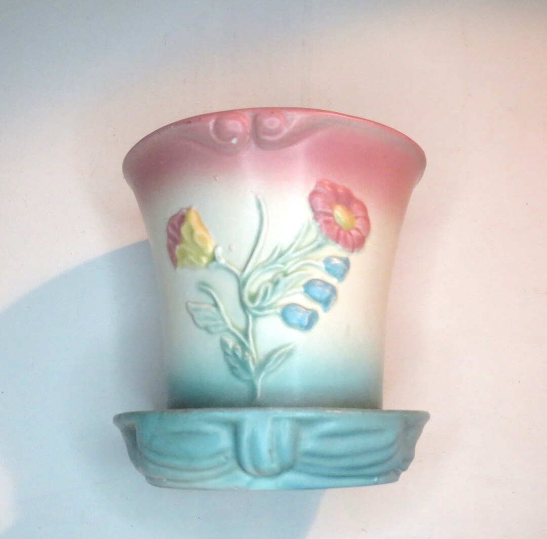 1950's Hull Pottery RARE Bow Knot Planter Pot Pink and Aqua With Drip ...