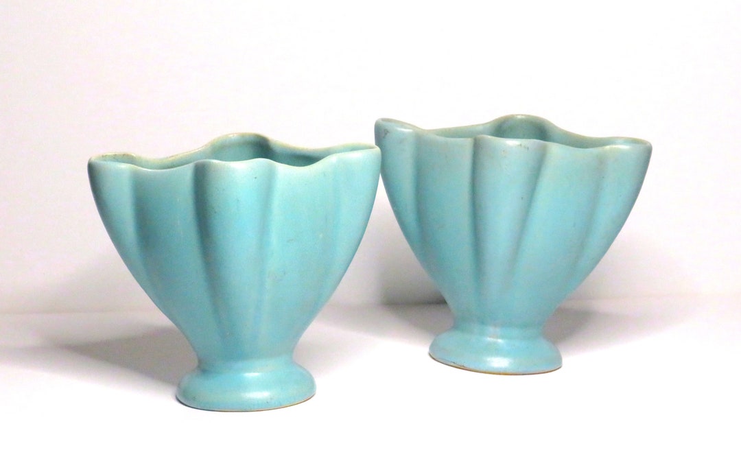 Burley Winter Pottery Fan Vases: Turquoise Aqua Blue Pair - Etsy