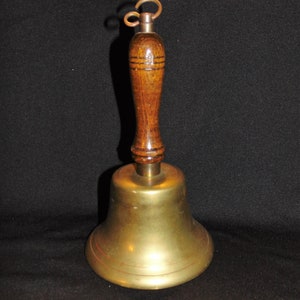 Vintage LARGE 10 Inch School Bell Solid Heavy Brass Hanging Wood Handle ...