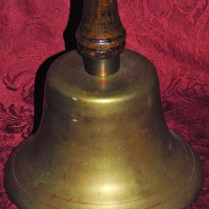 Vintage LARGE 10 Inch School Bell Solid Heavy Brass Hanging Wood Handle ...