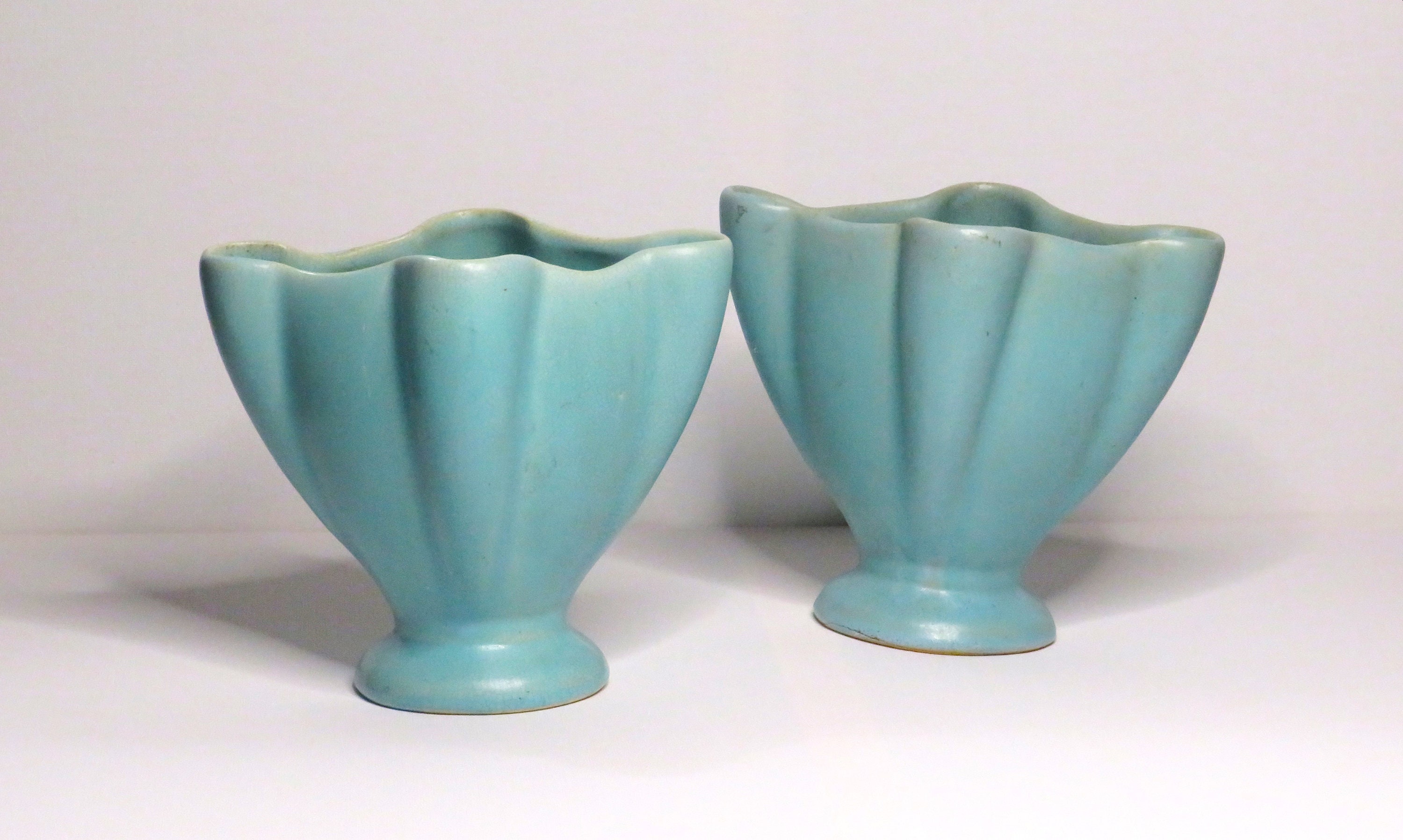 Burley Winter Pottery Fan Vases: Turquoise Aqua Blue Pair - Etsy