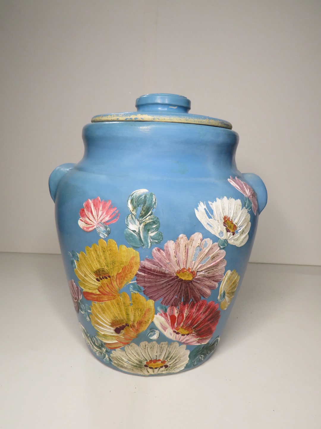 1930's Pottery Cookie Jar Mat Blue Glaze With a Beautiful Bouquet of ...