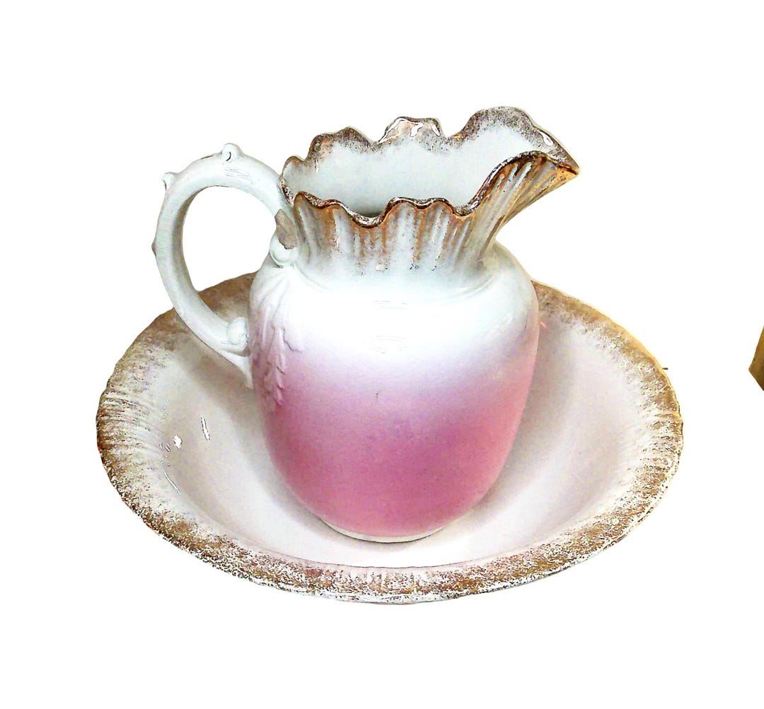 Antique Pitcher and Washbowl Basin Pink White and Gold Great for ...