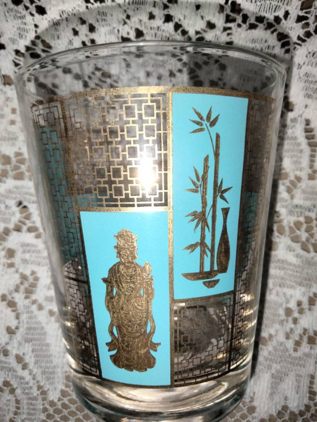 8 Mid Century Turquoise and Gold Asian Themed Glasses 4 Tumblers & 4 ...
