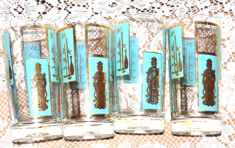 8 Mid Century Turquoise and Gold Asian Themed Glasses 4 - Etsy