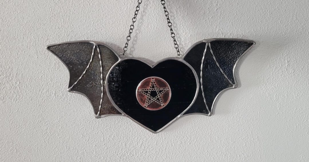 Bat Wings Heart Pentacle Stained Glass Eclectic Decor Halloween Decor ...