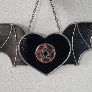 Bat Wings Heart Pentacle Stained Glass Eclectic Decor Halloween Decor ...