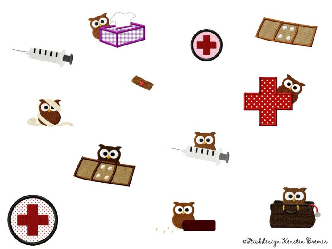 Embroidery File First Aid Owl 10x10 (4x4) Set - 12 Embroidery Pattern ...