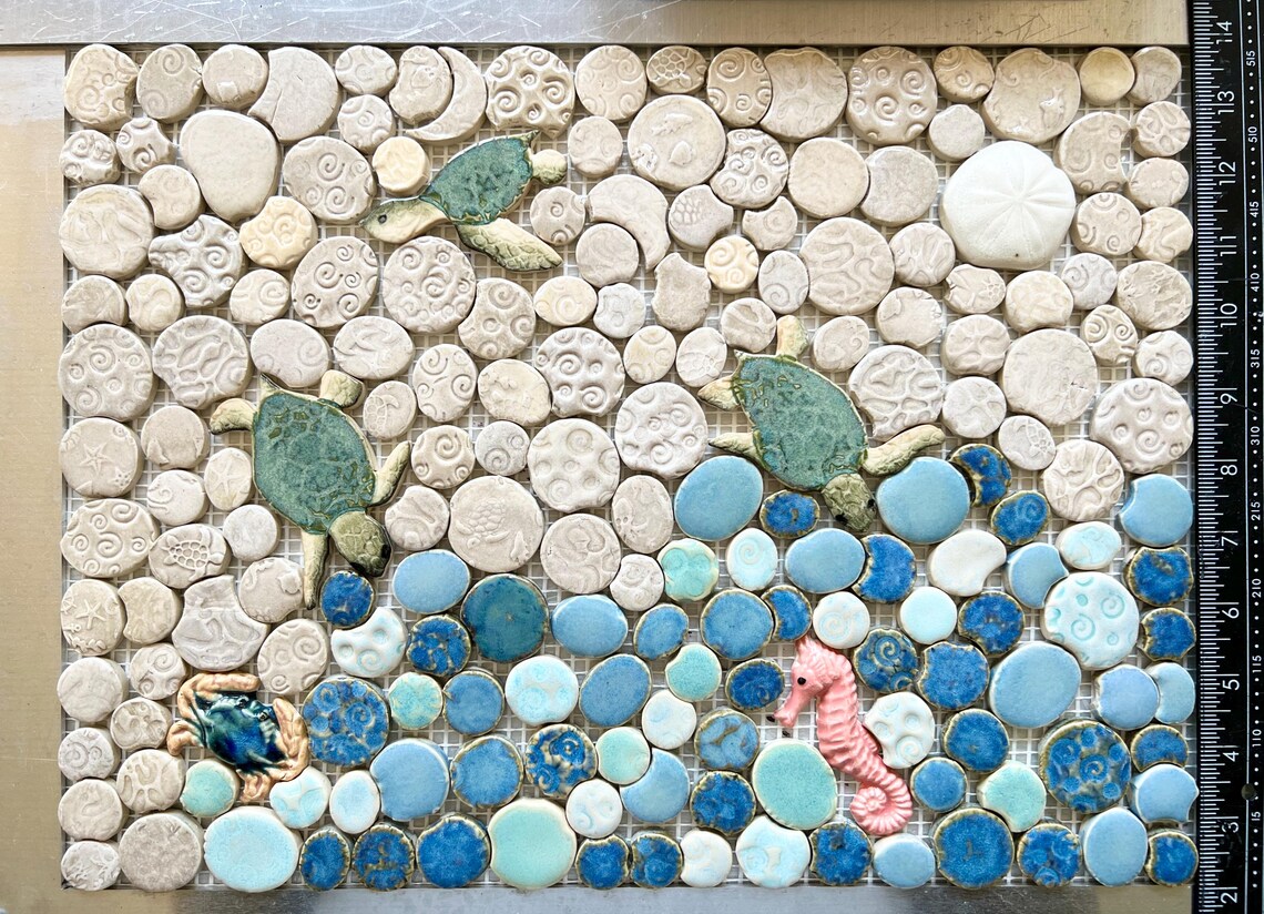 Handmade Ceramic Tile Baby Sea Turtles With Sand and Water Mosaic on ...