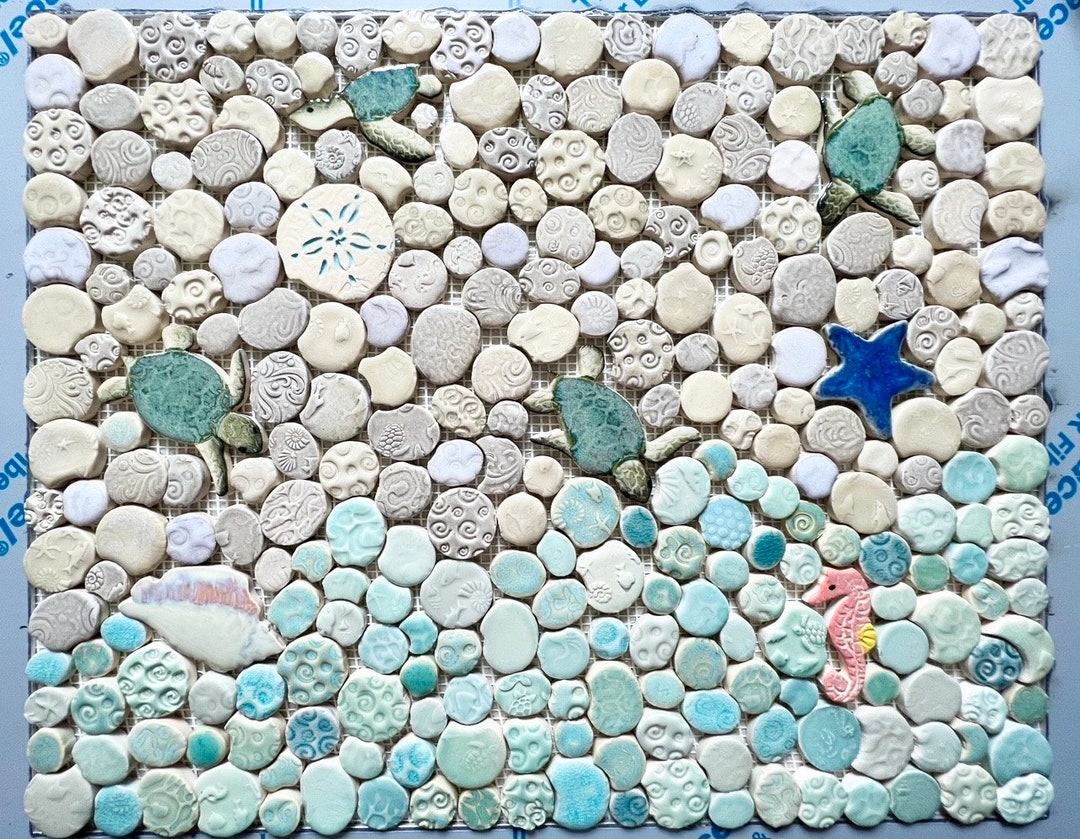 Handmade Ceramic Tile Baby Sea Turtles With Sand and Water Mosaic on ...