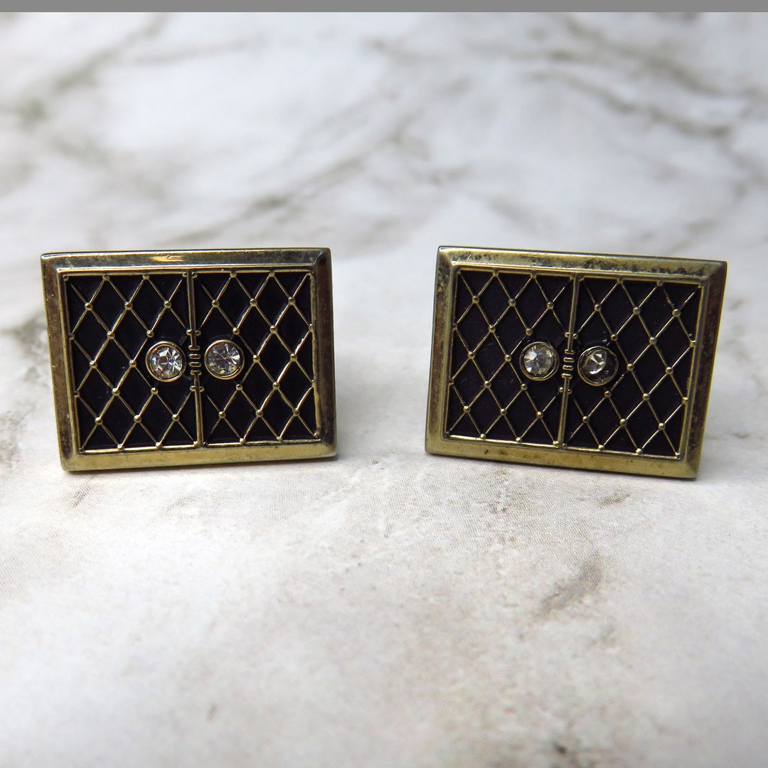 Black and Gold Tone Cuff Links Cross Hatch Design With Rhinestones ...