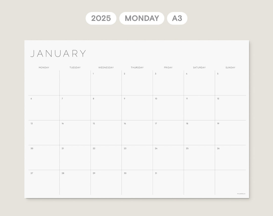 2025 A3 Monthly Planner Printable | Monday Week Start | Minimal PDF ...